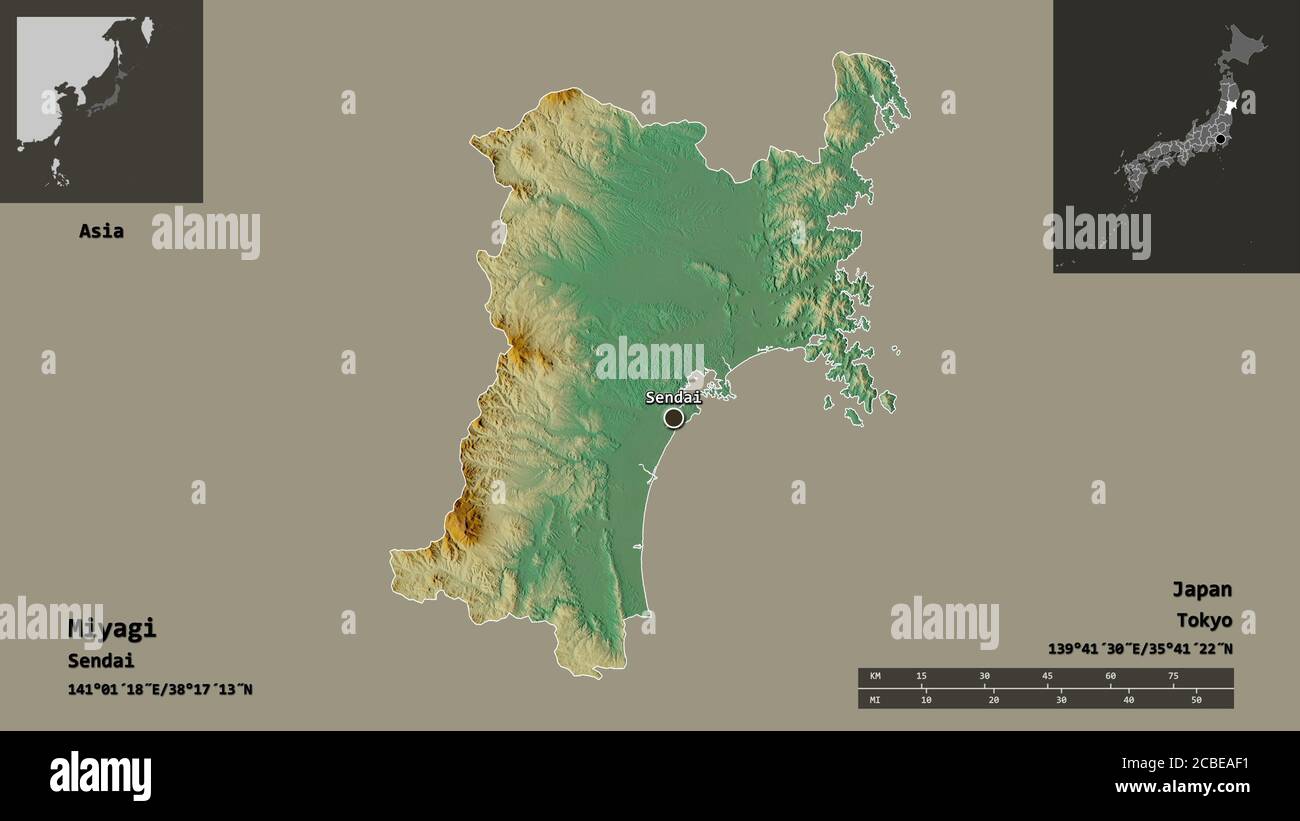Shape of Miyagi, prefecture of Japan, and its capital. Distance scale ...