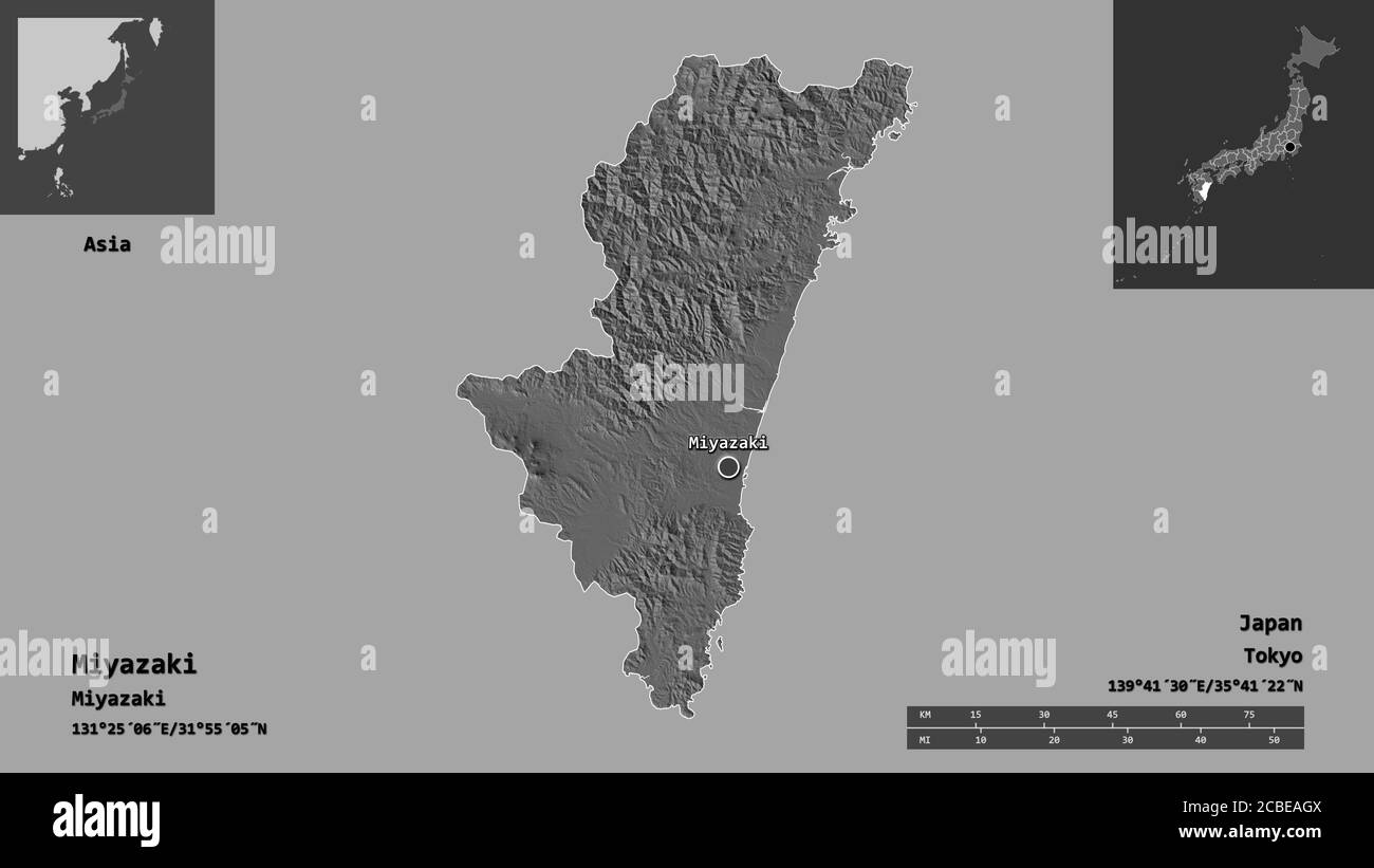 Shape of Miyazaki, prefecture of Japan, and its capital. Distance scale ...