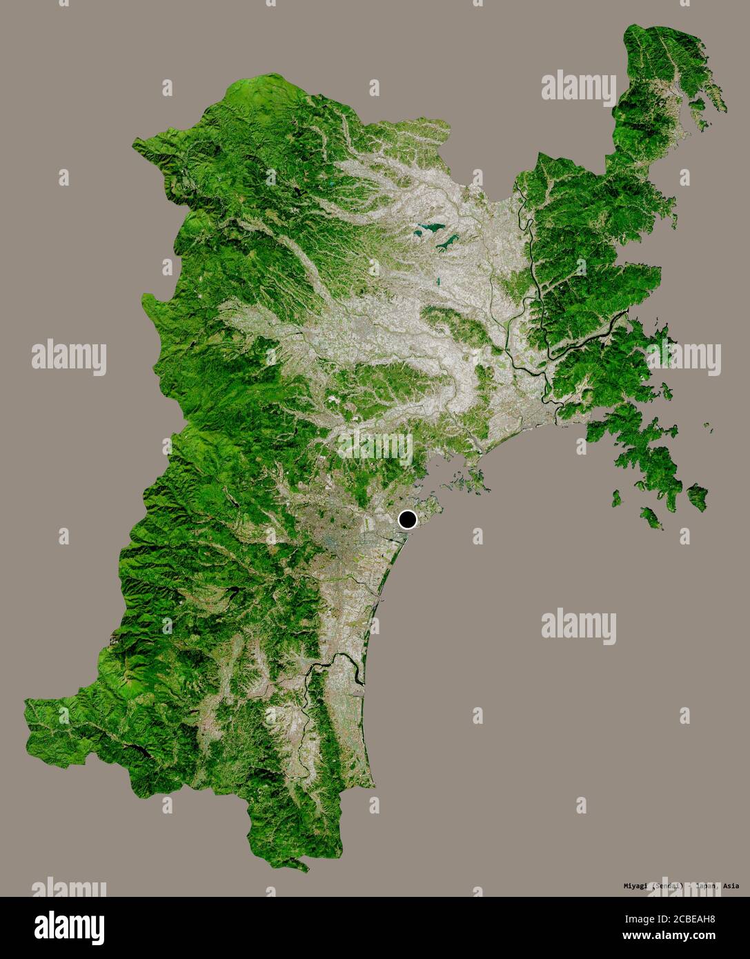 Shape of Miyagi, prefecture of Japan, with its capital isolated on a ...