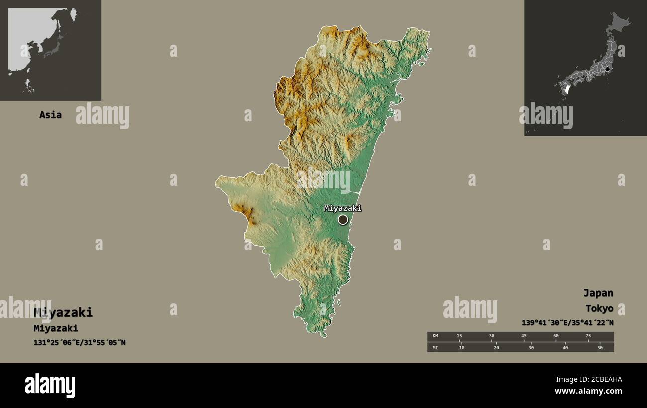 Shape of Miyazaki, prefecture of Japan, and its capital. Distance scale ...