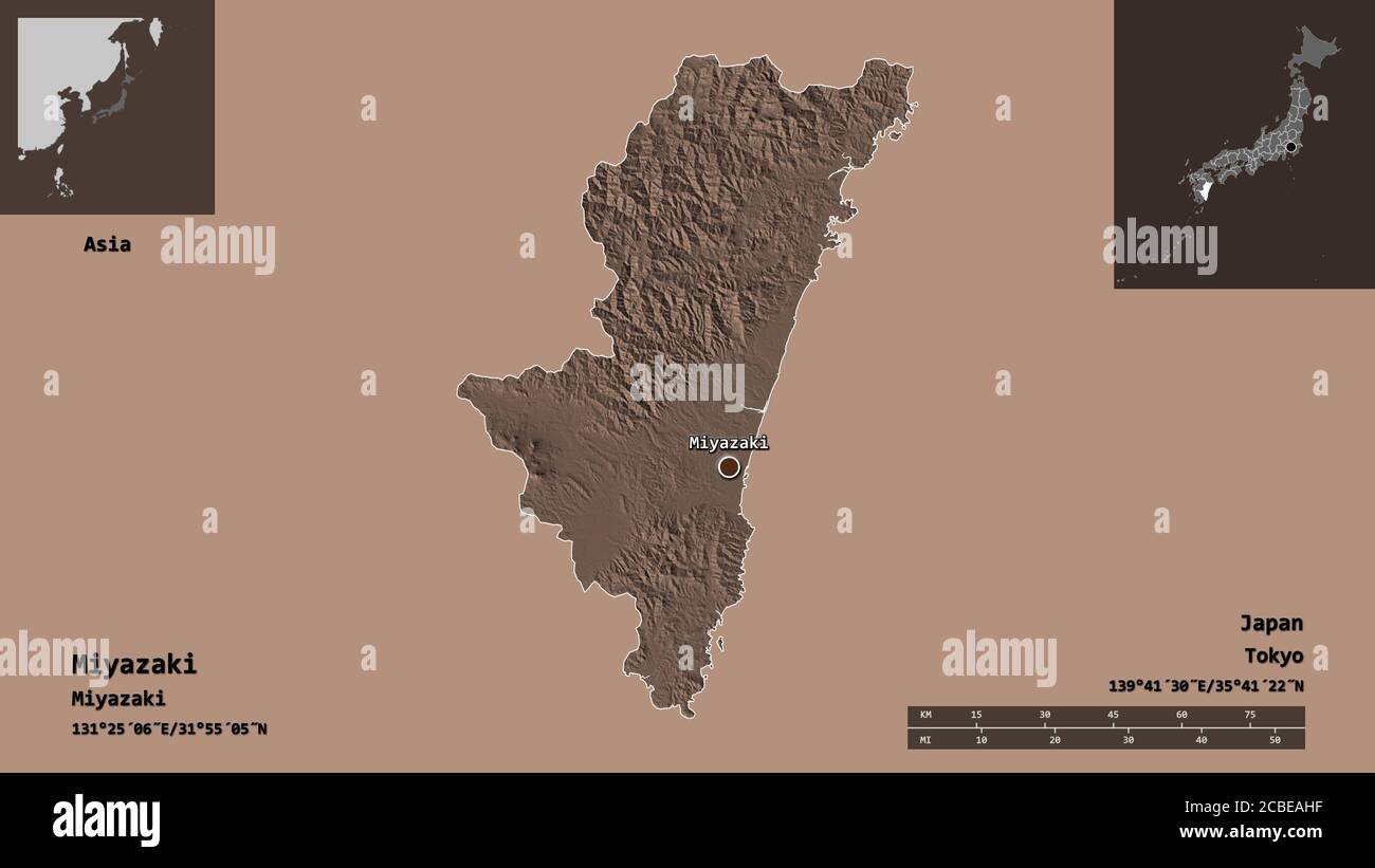 Shape of Miyazaki, prefecture of Japan, and its capital. Distance scale ...