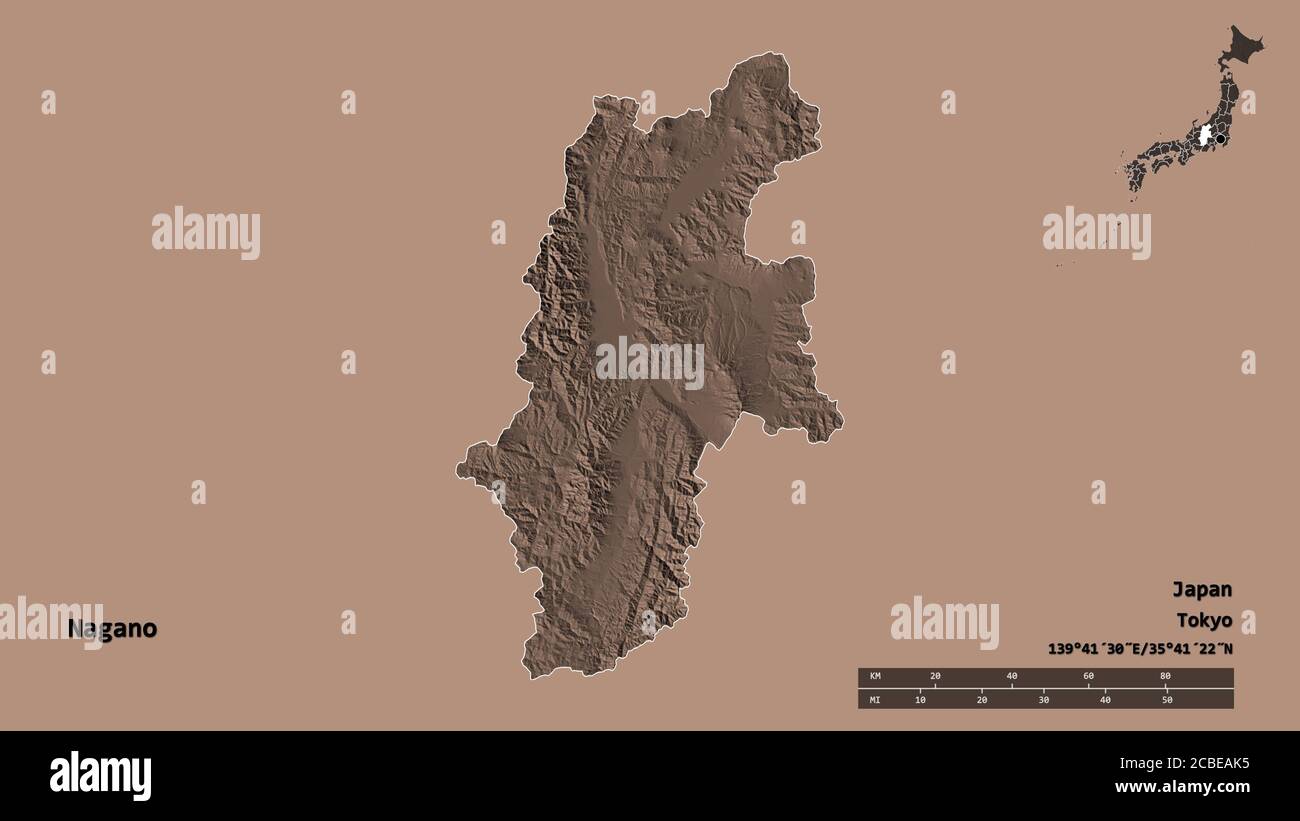 Shape of Nagano, prefecture of Japan, with its capital isolated on ...