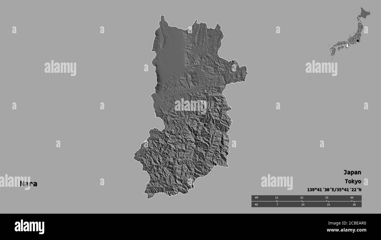 Shape of Nara, prefecture of Japan, with its capital isolated on solid ...