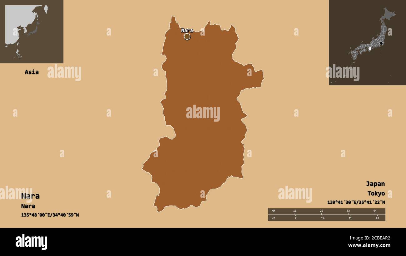 Shape of Nara, prefecture of Japan, and its capital. Distance scale ...
