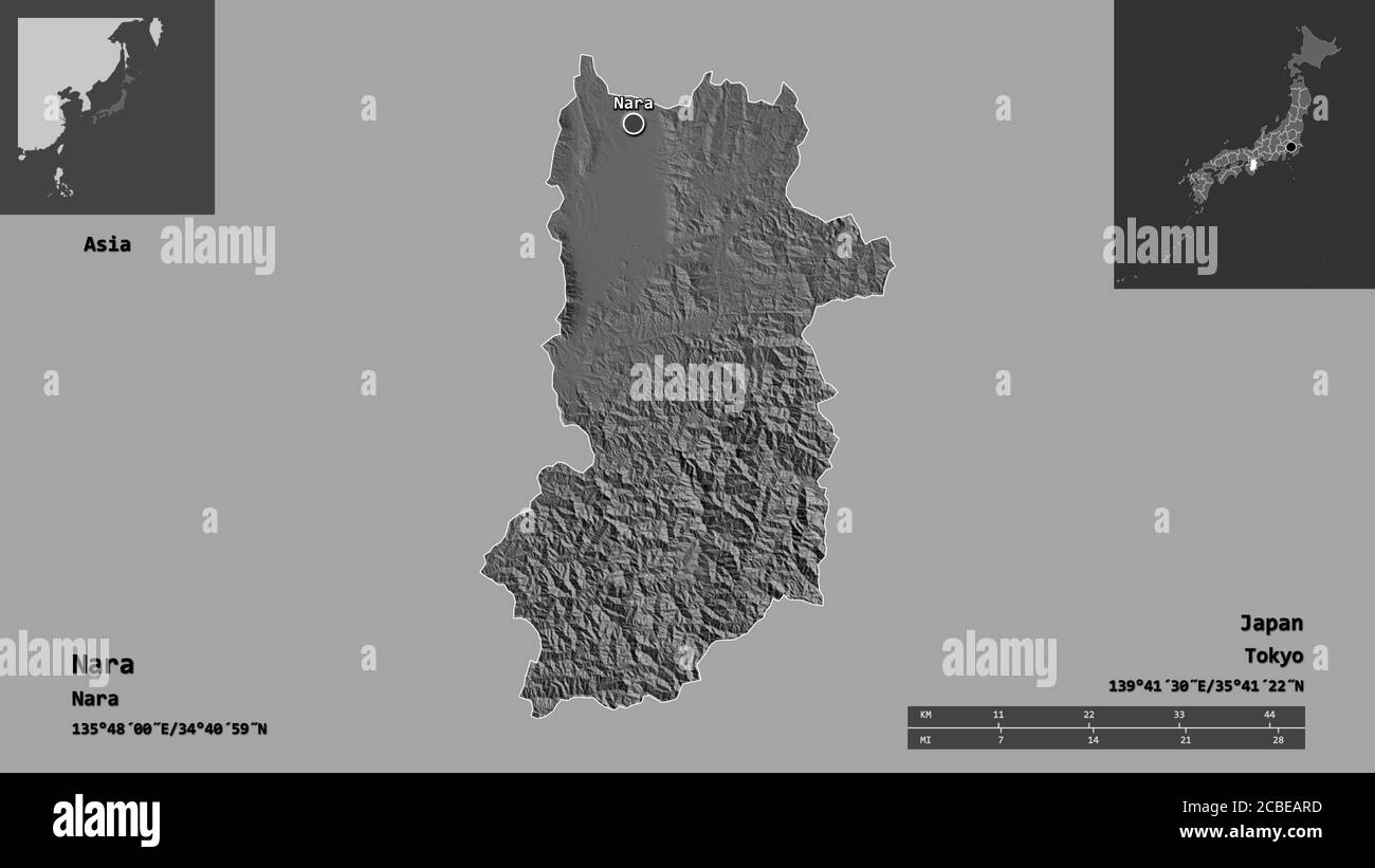 Shape of Nara, prefecture of Japan, and its capital. Distance scale ...