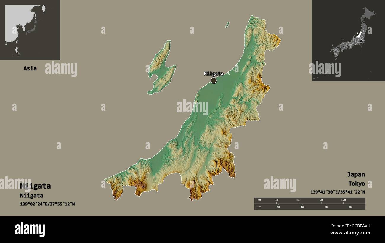 Shape of Niigata, prefecture of Japan, and its capital. Distance scale ...
