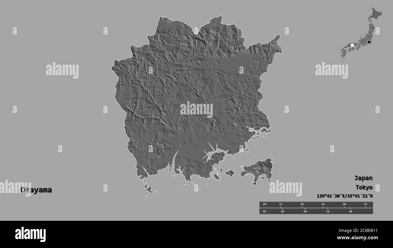 Shape of Okayama, prefecture of Japan, with its capital isolated on ...