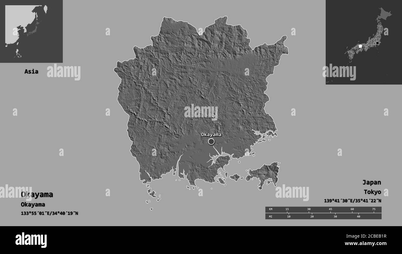Shape of Okayama, prefecture of Japan, and its capital. Distance scale ...