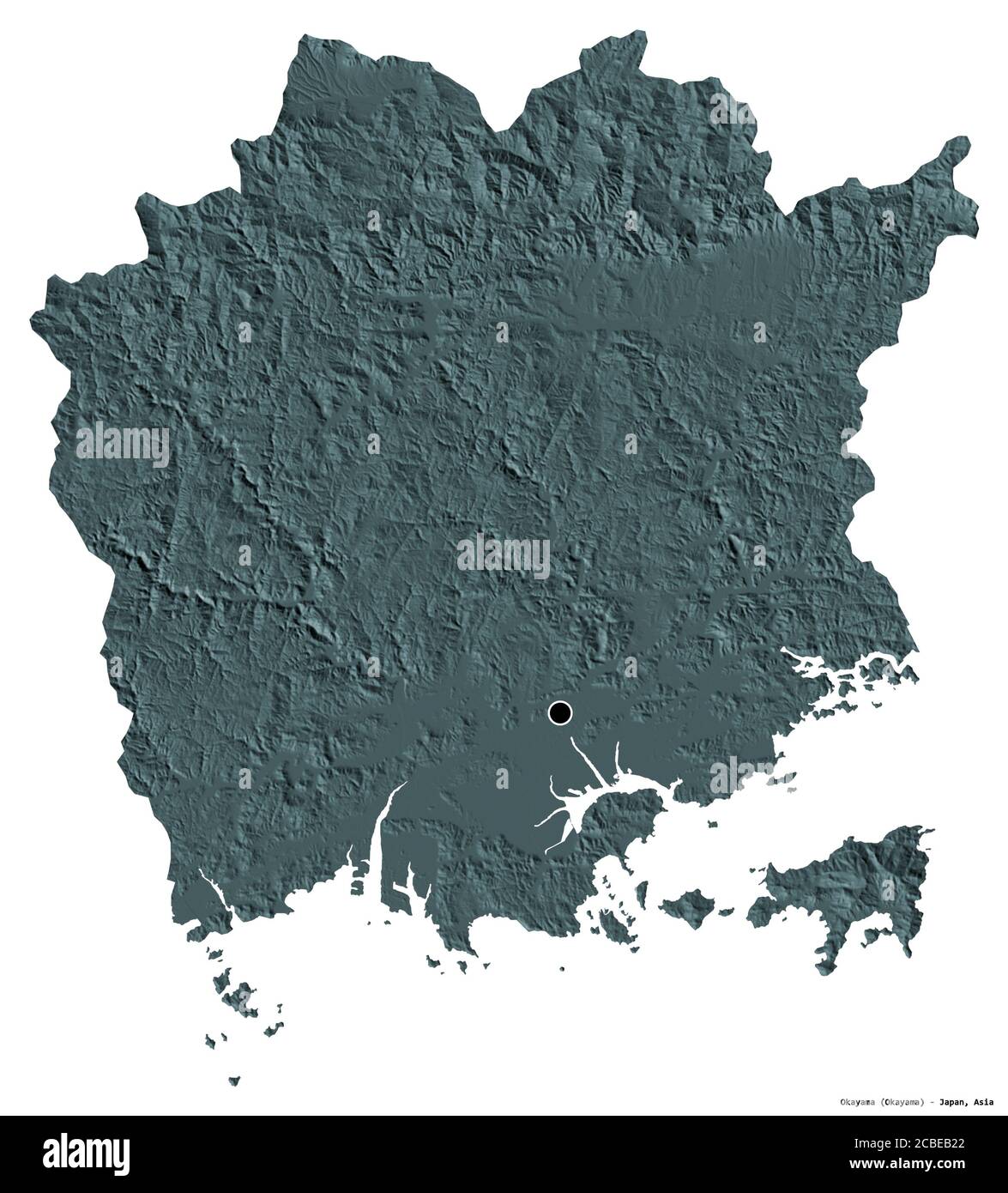Shape of Okayama, prefecture of Japan, with its capital isolated on ...