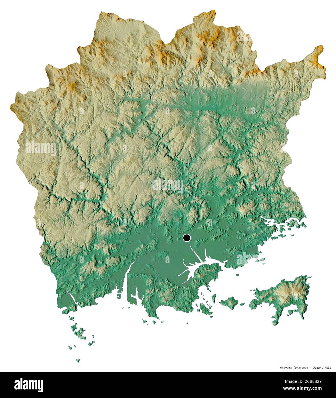 Shape of Okayama, prefecture of Japan, with its capital isolated on ...