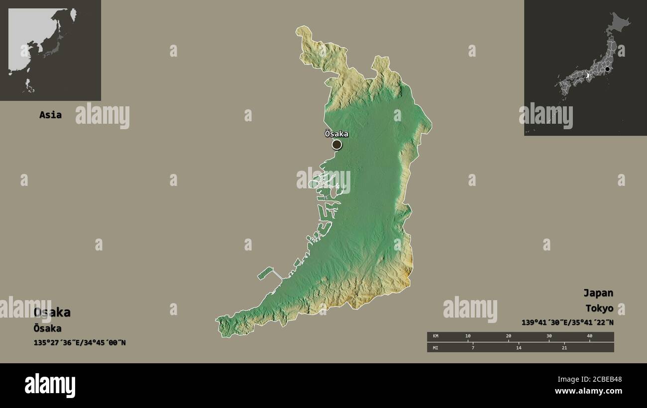 Shape of Osaka, urban prefecture of Japan, and its capital. Distance ...