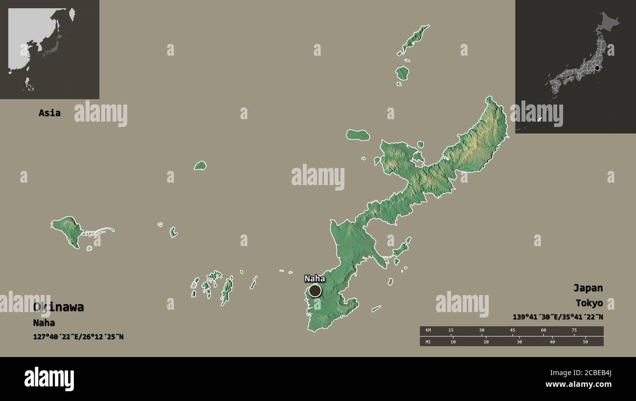Shape of Okinawa, prefecture of Japan, and its capital. Distance scale ...