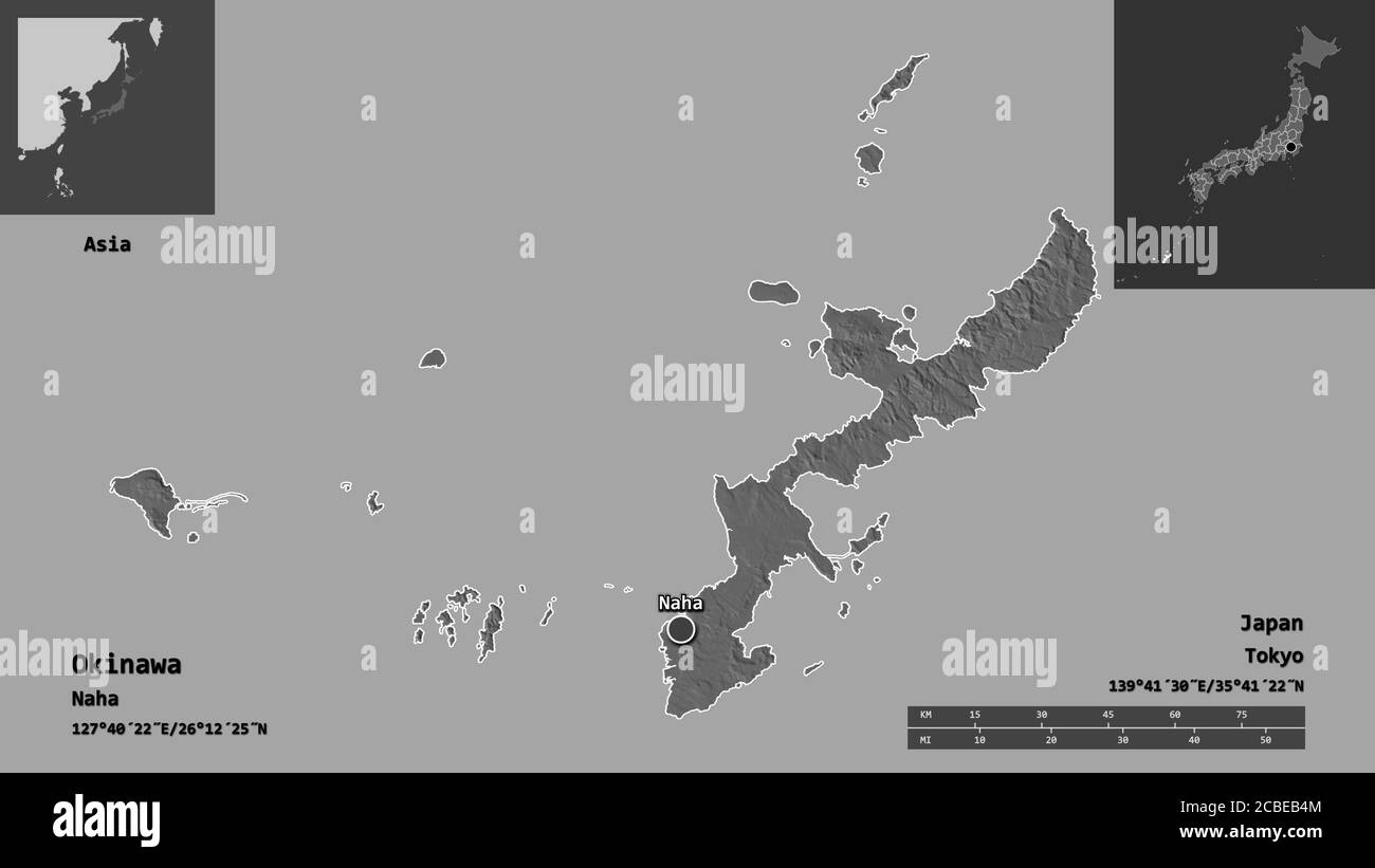 Shape of Okinawa, prefecture of Japan, and its capital. Distance scale ...