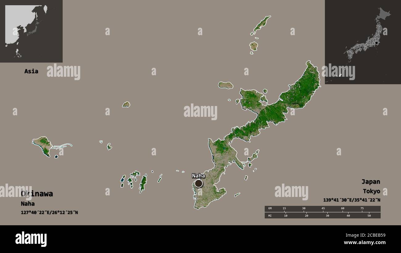 Shape of Okinawa, prefecture of Japan, and its capital. Distance scale ...