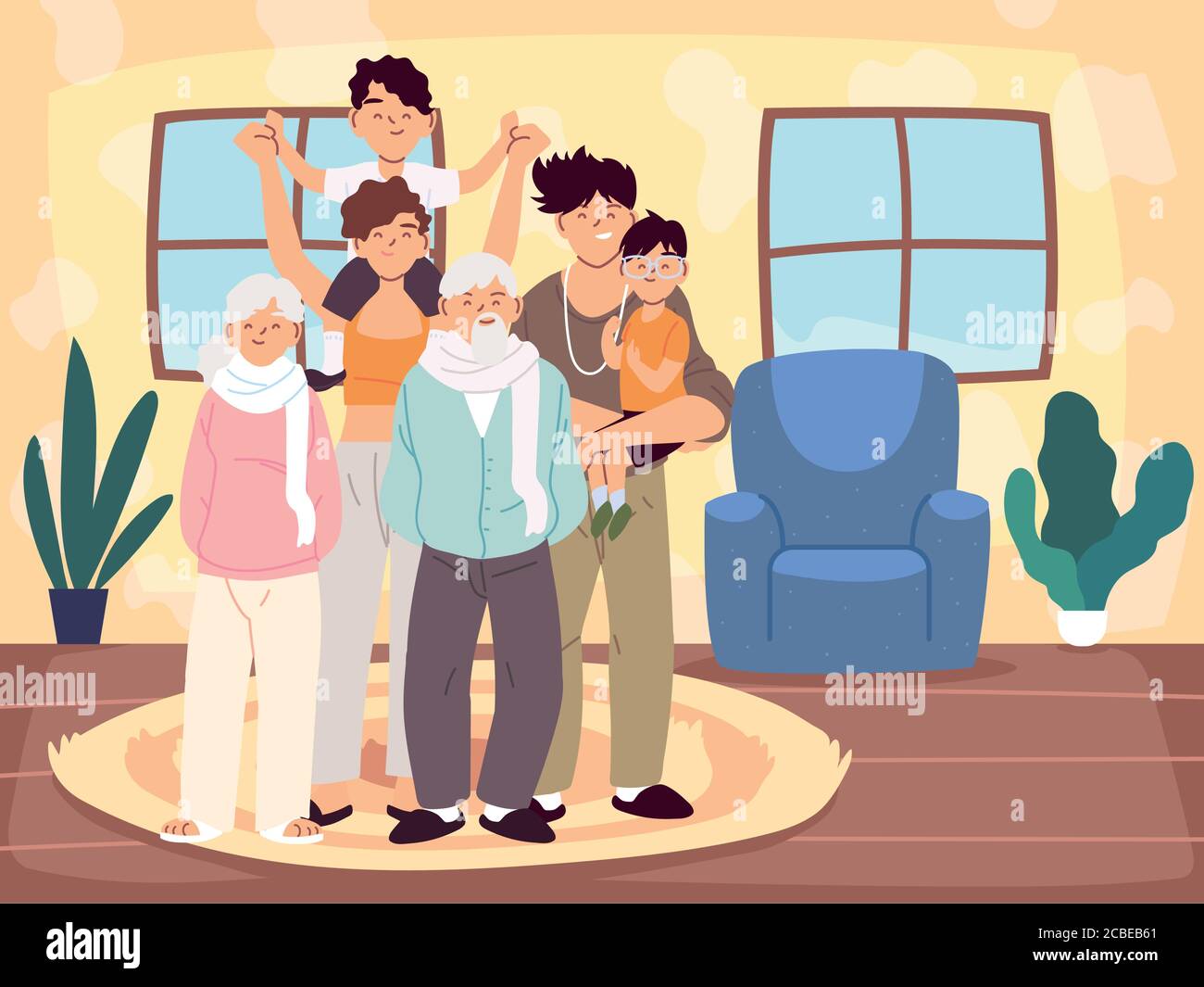 Mother father and sons with grandparents cartoons in home room design ...