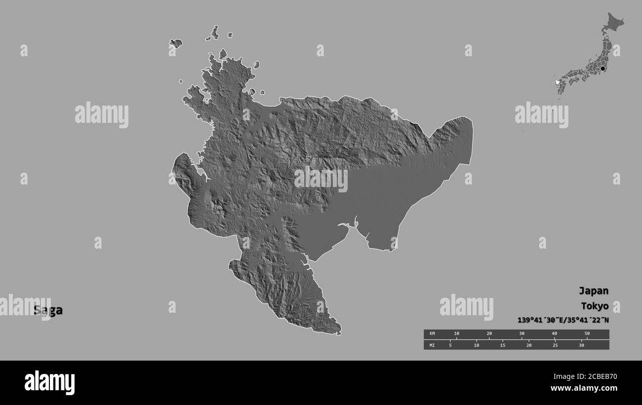 Shape of Saga, prefecture of Japan, with its capital isolated on solid ...