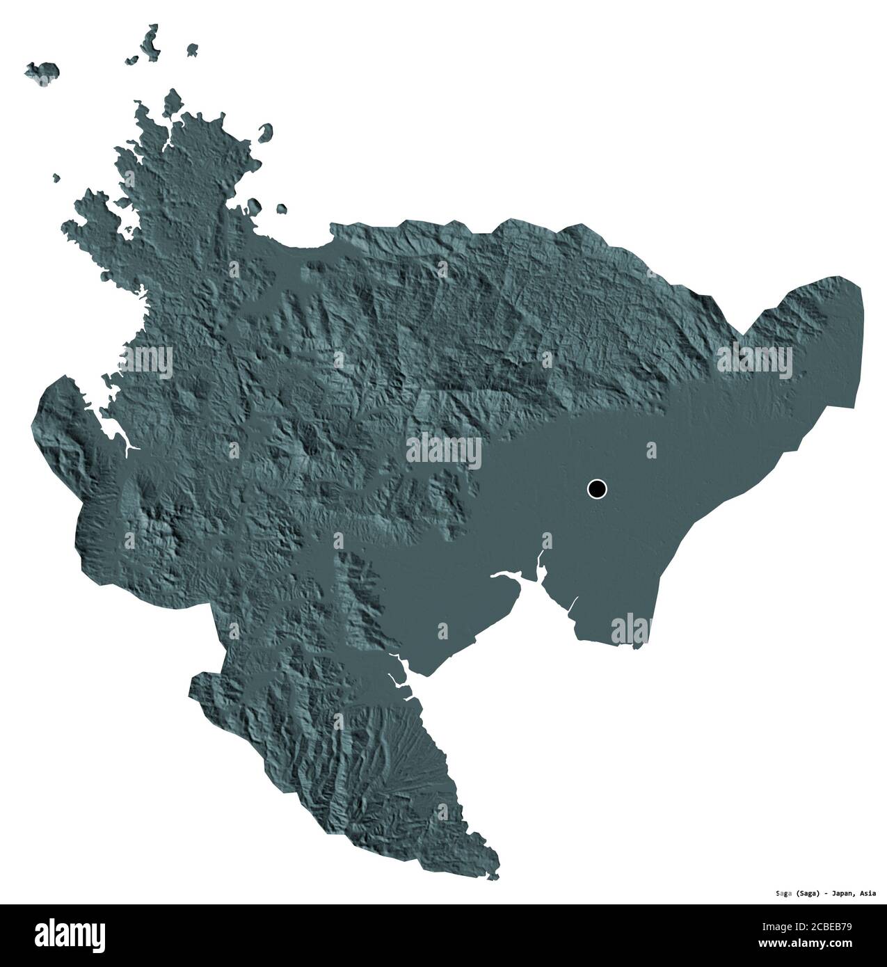 Shape of Saga, prefecture of Japan, with its capital isolated on white ...