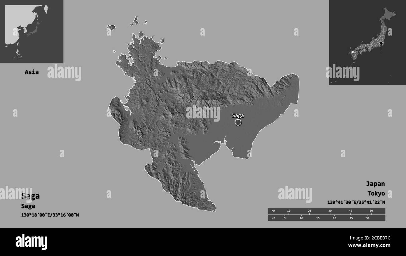 Shape of Saga, prefecture of Japan, and its capital. Distance scale ...