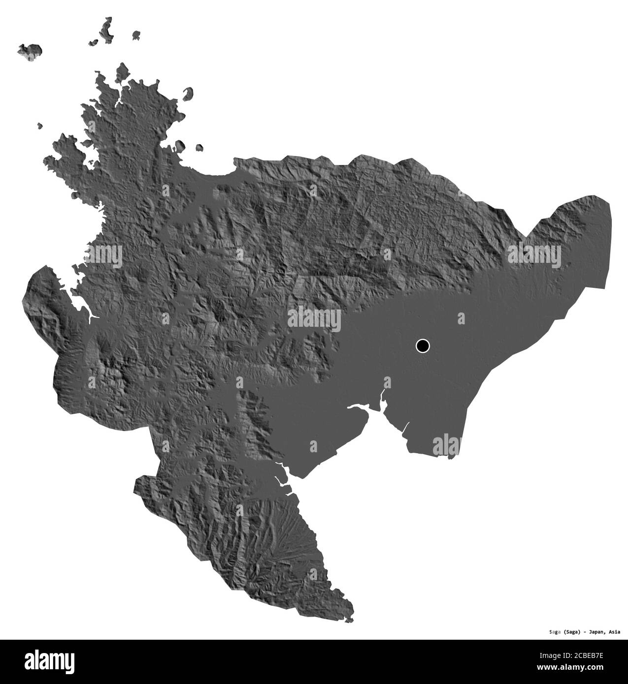 Shape of Saga, prefecture of Japan, with its capital isolated on white ...