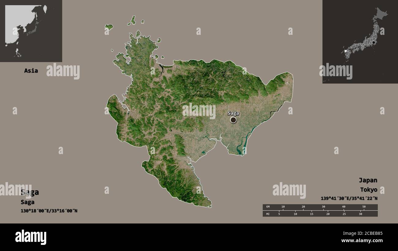 Shape of Saga, prefecture of Japan, and its capital. Distance scale ...
