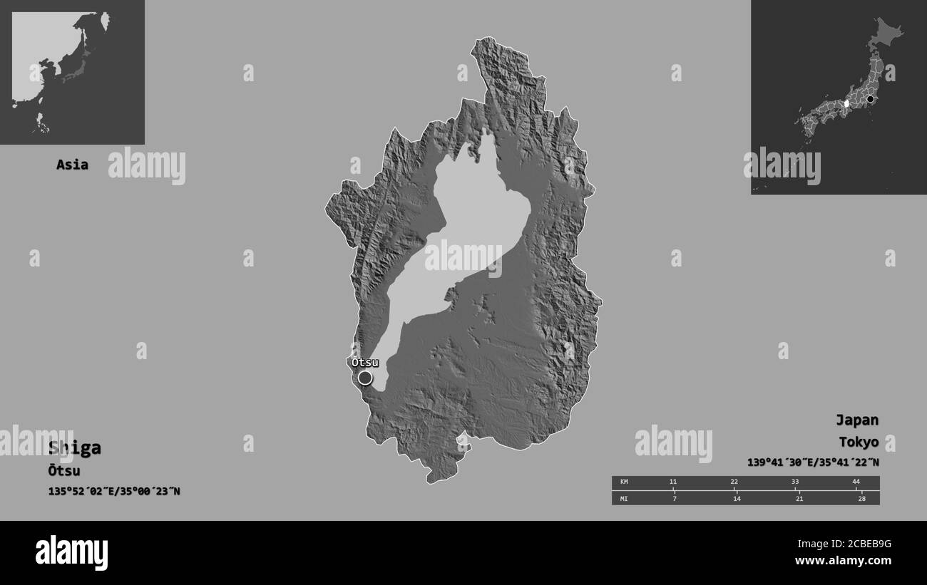 Shape of Shiga, prefecture of Japan, and its capital. Distance scale ...