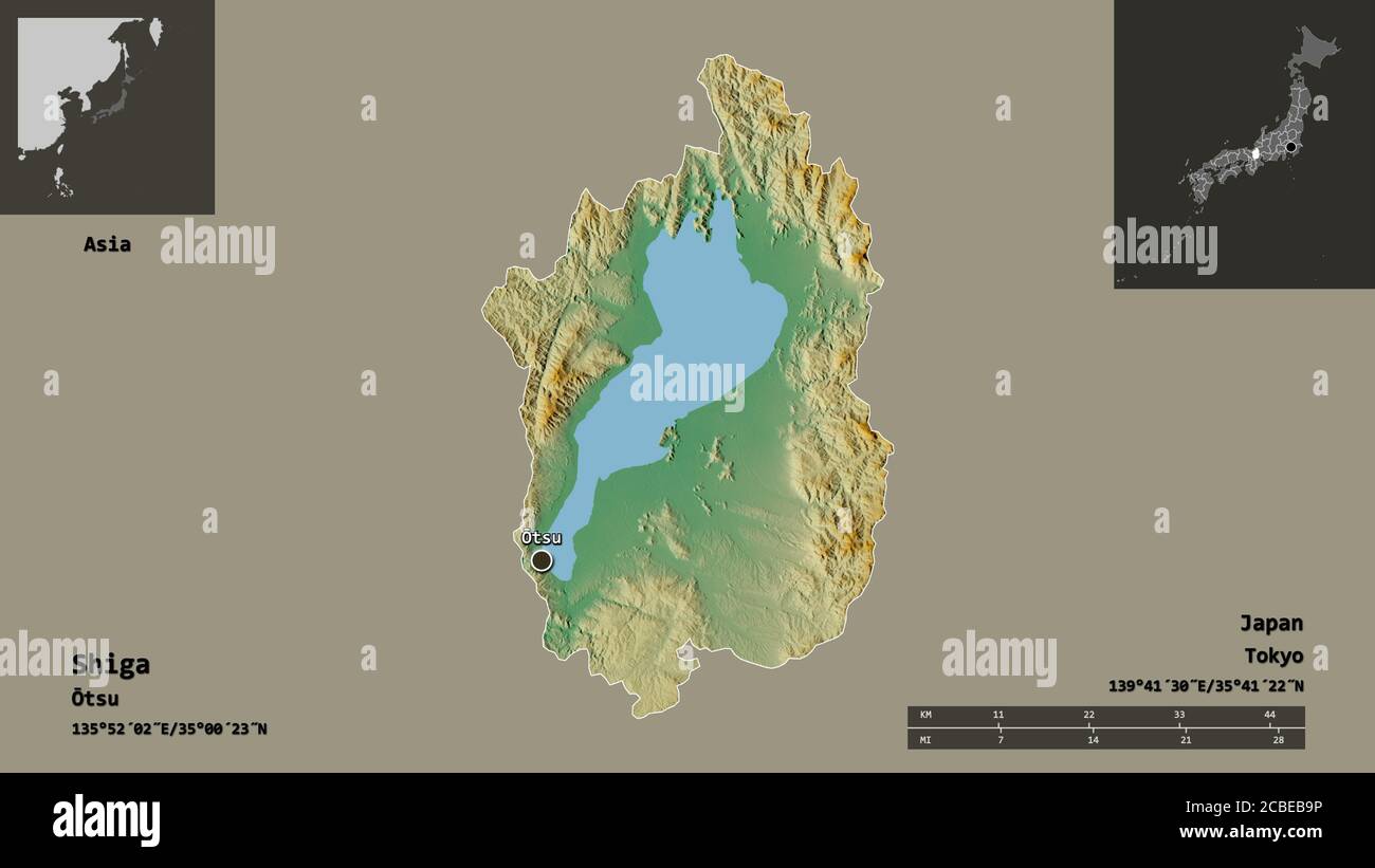 Shape of Shiga, prefecture of Japan, and its capital. Distance scale ...