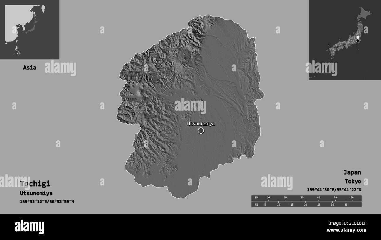 Shape of Tochigi, prefecture of Japan, and its capital. Distance scale ...