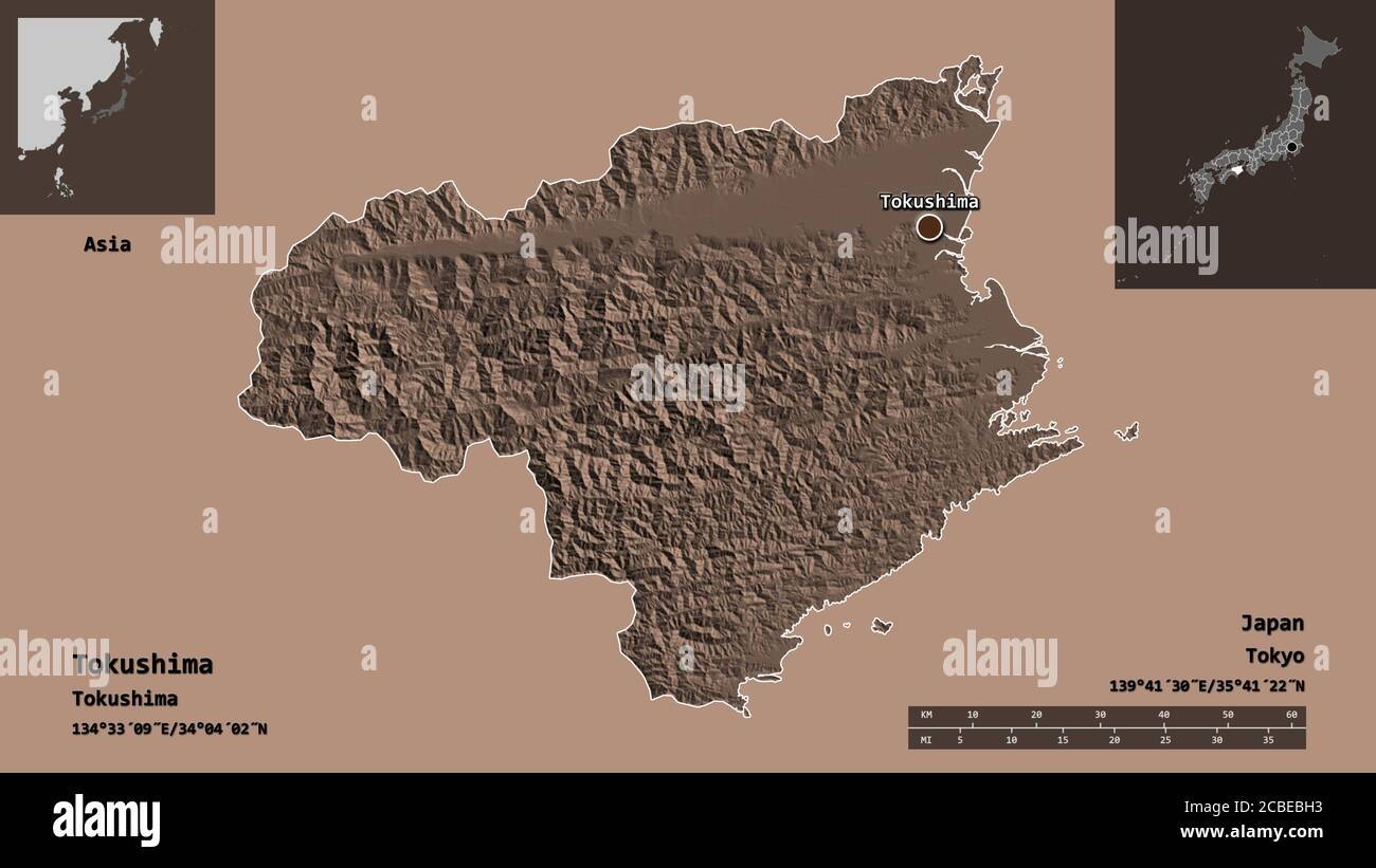 Shape of Tokushima, prefecture of Japan, and its capital. Distance ...