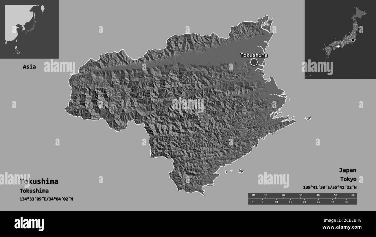 Shape of Tokushima, prefecture of Japan, and its capital. Distance ...