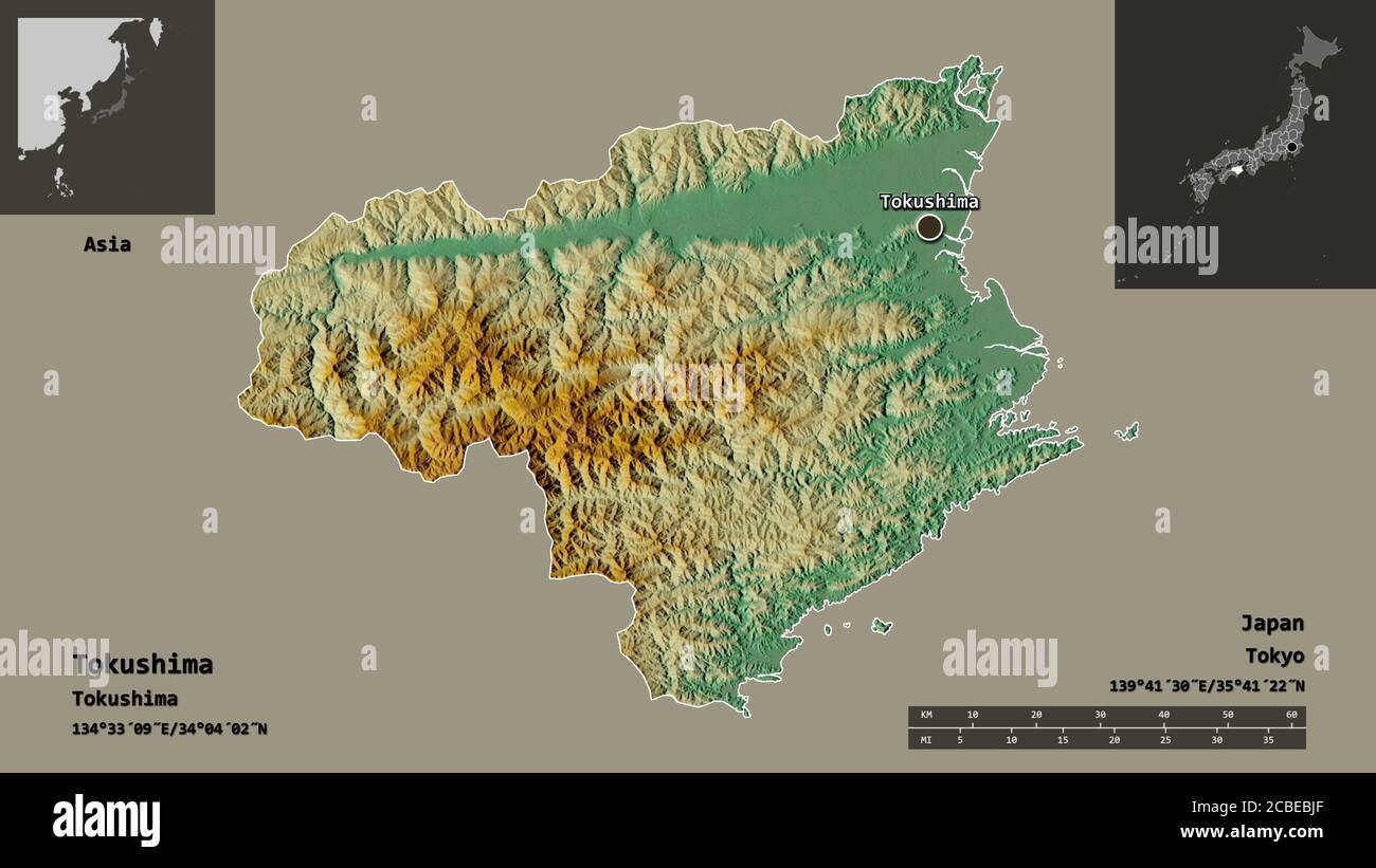 Shape of Tokushima, prefecture of Japan, and its capital. Distance ...
