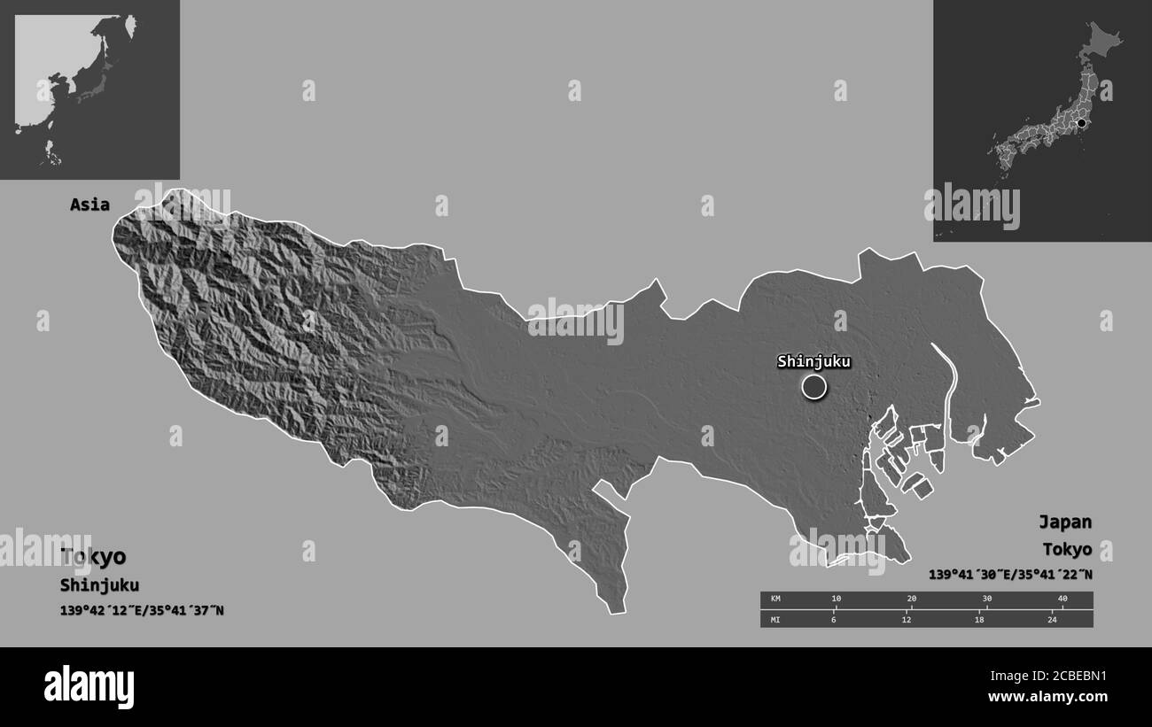 Shape of Tokyo, metropolis of Japan, and its capital. Distance scale ...