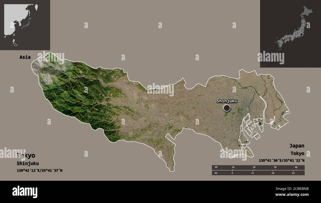 Shape of Tokyo, metropolis of Japan, and its capital. Distance scale ...