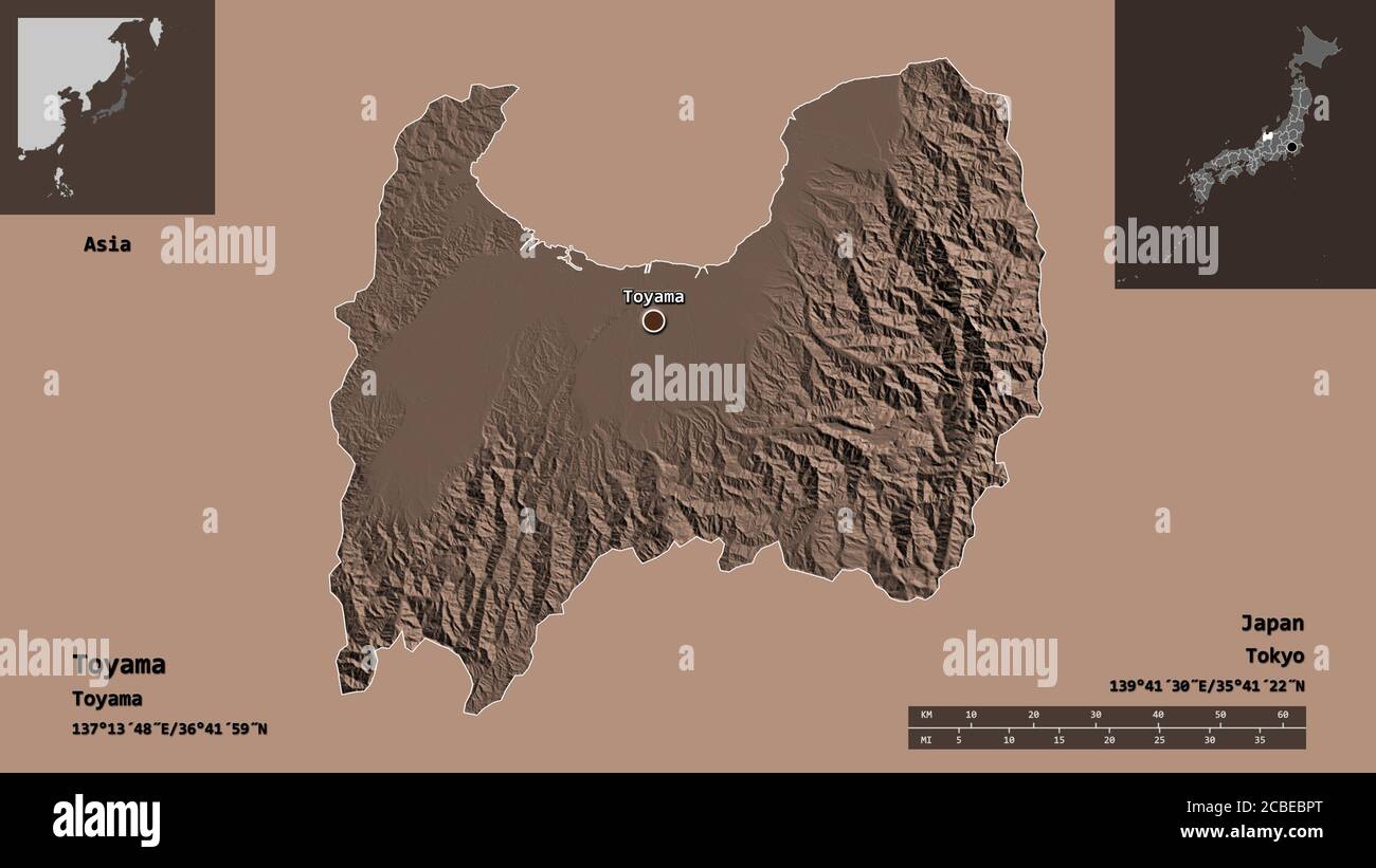 Shape of Toyama, prefecture of Japan, and its capital. Distance scale ...