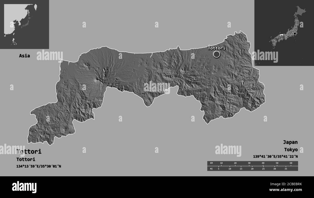 Shape of Tottori, prefecture of Japan, and its capital. Distance scale ...
