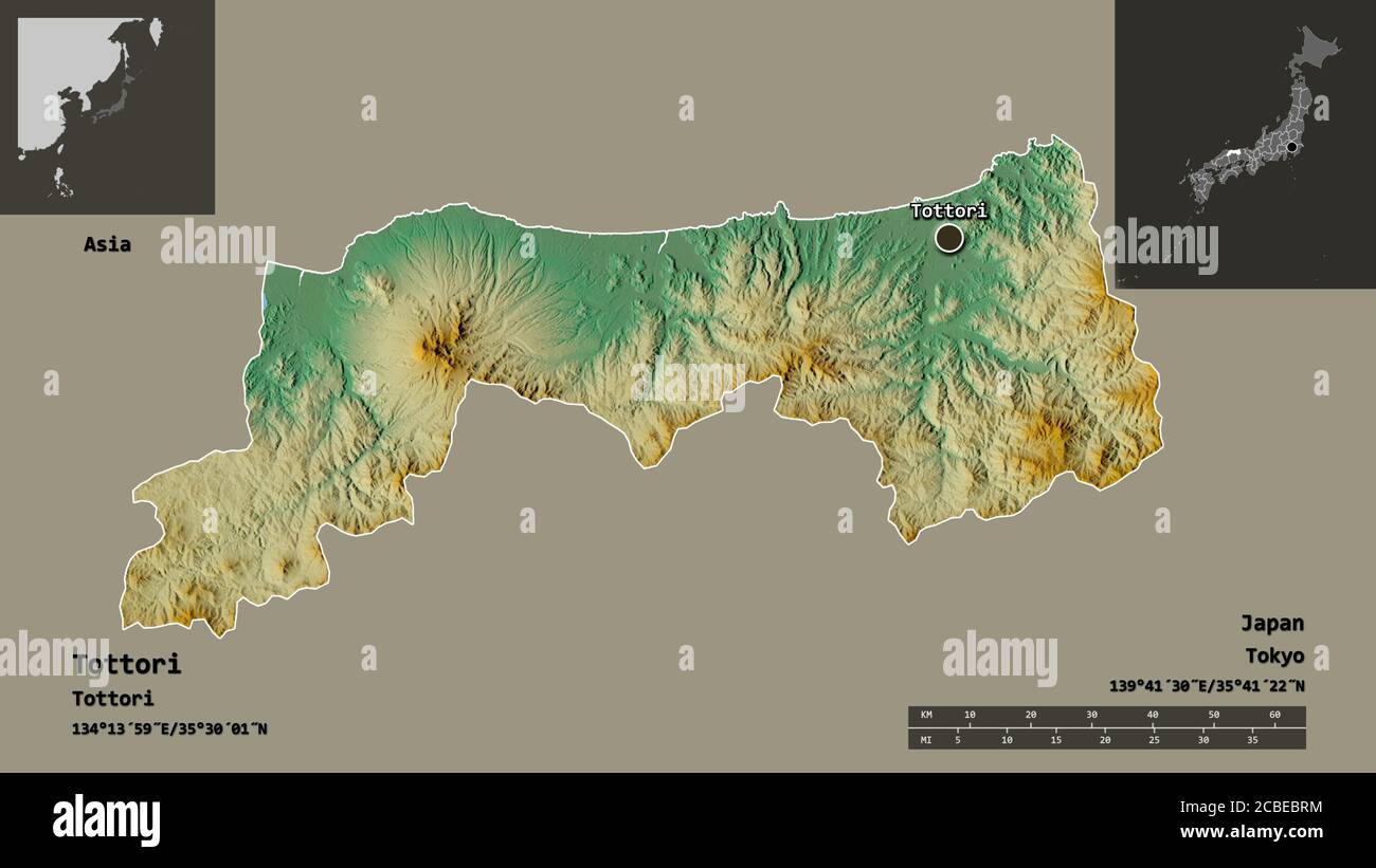 Shape of Tottori, prefecture of Japan, and its capital. Distance scale ...
