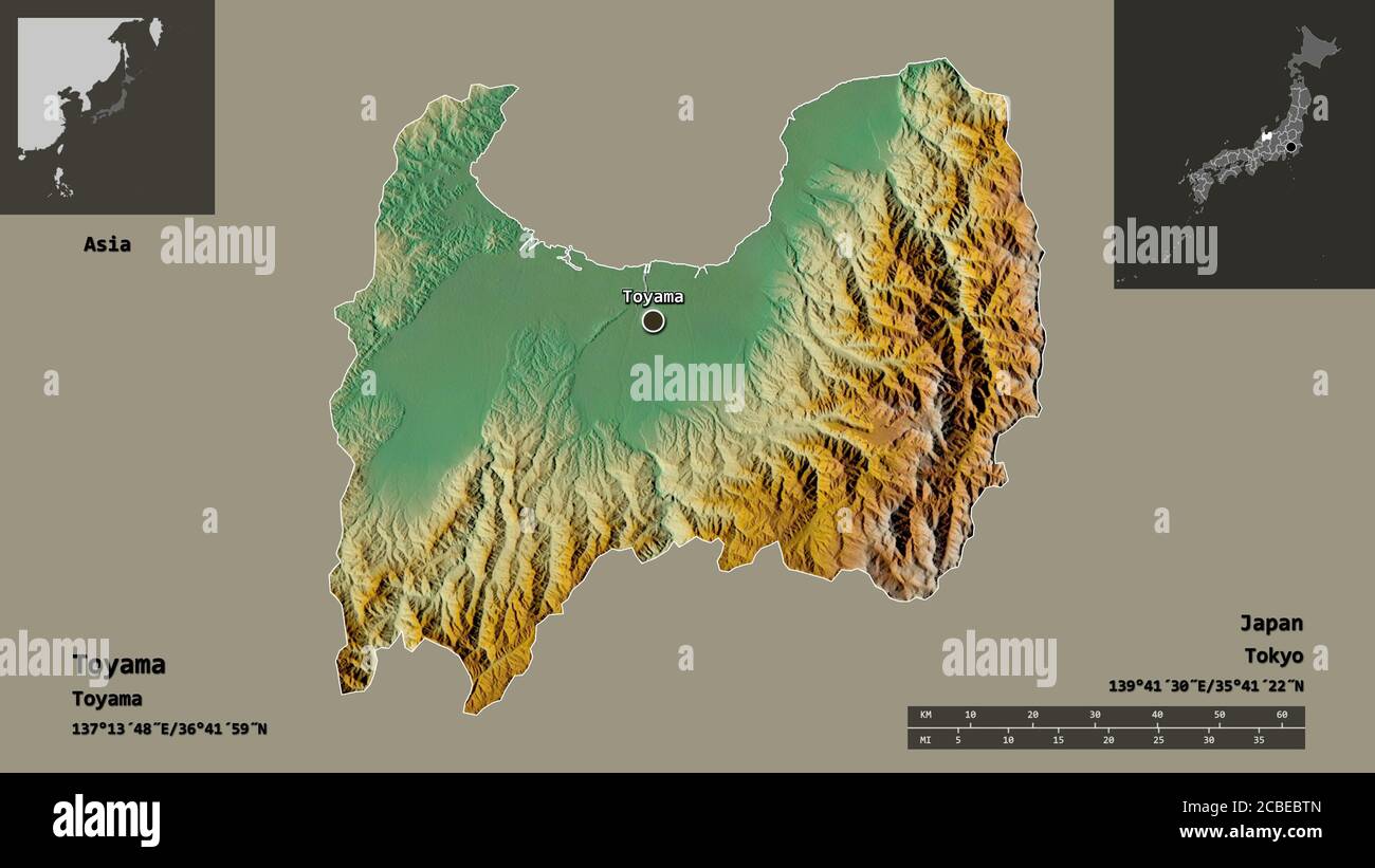 Shape of Toyama, prefecture of Japan, and its capital. Distance scale ...