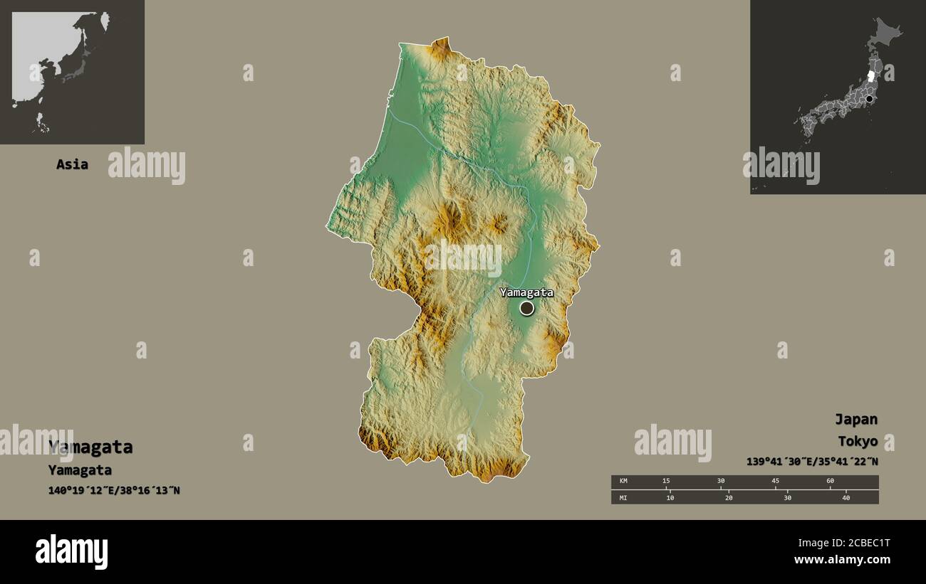 Shape of Yamagata, prefecture of Japan, and its capital. Distance scale ...