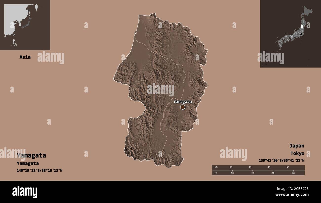 Shape of Yamagata, prefecture of Japan, and its capital. Distance scale ...