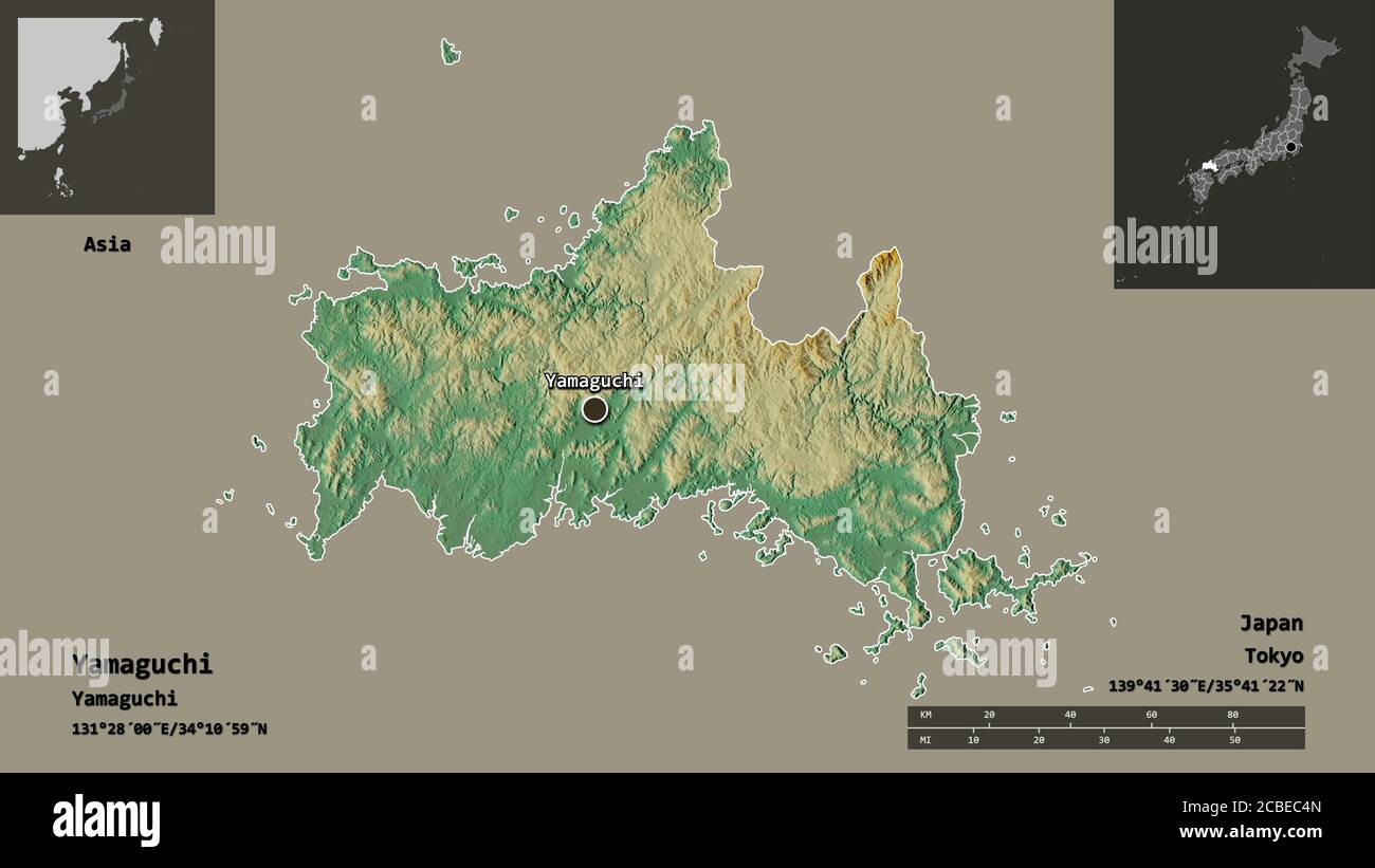 Shape of Yamaguchi, prefecture of Japan, and its capital. Distance ...