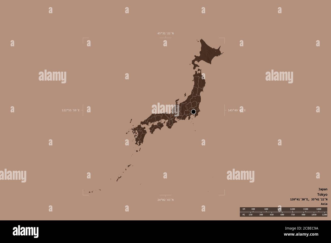 Area of Japan isolated on a solid background in a georeferenced ...