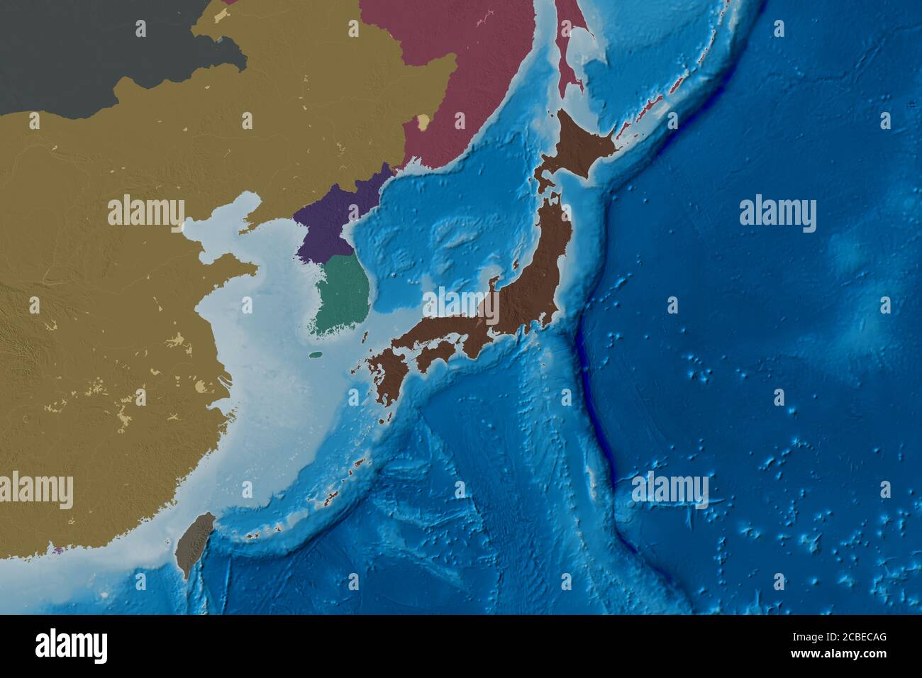 Extended area of Japan. Colored elevation map. 3D rendering Stock Photo ...