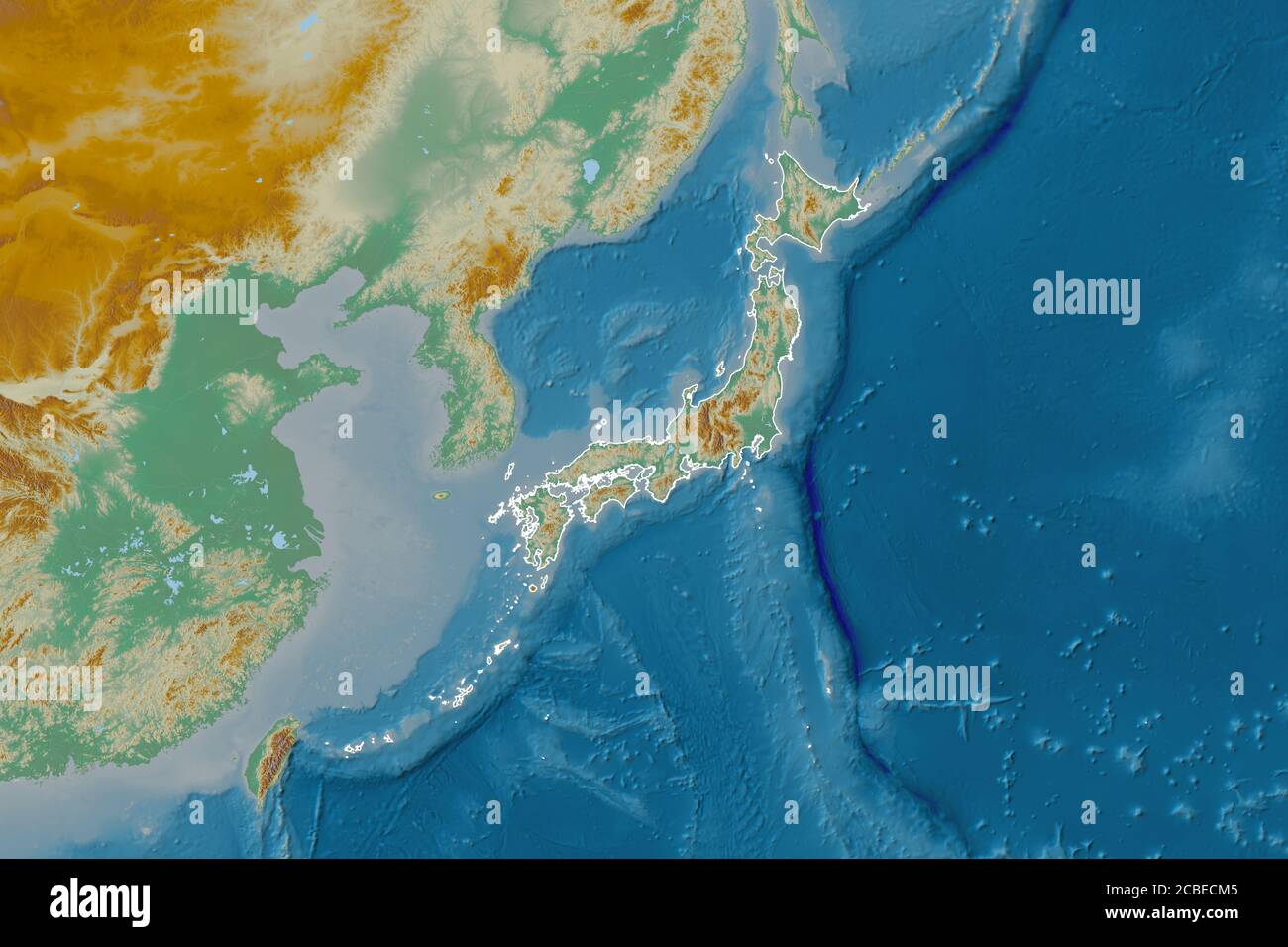 Extended area of outlined Japan. Topographic relief map. 3D rendering ...