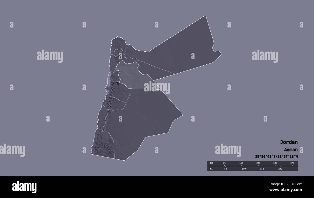 Desaturated shape of Jordan with its capital, main regional division ...