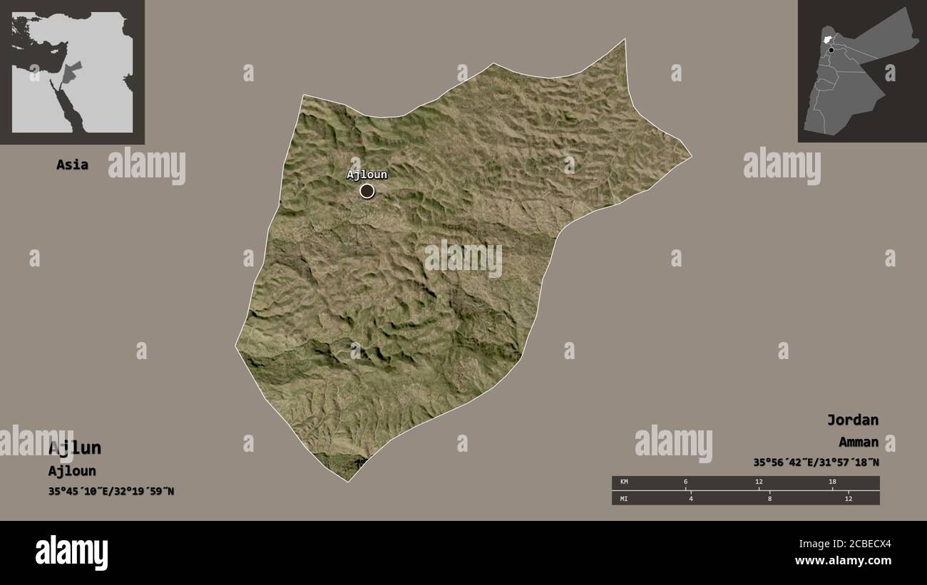Shape of Ajlun, province of Jordan, and its capital. Distance scale ...