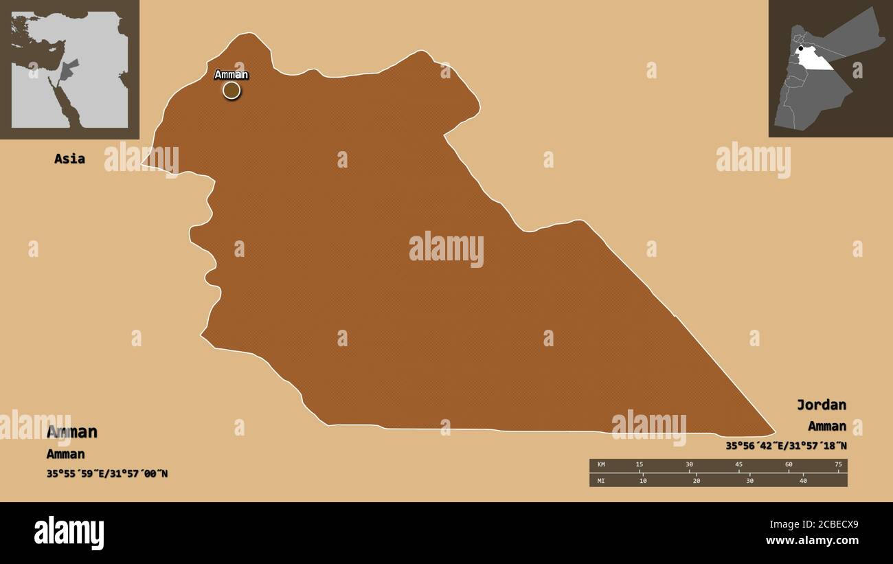 Shape of Amman, province of Jordan, and its capital. Distance scale ...