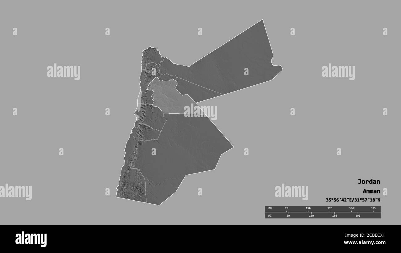 Desaturated shape of Jordan with its capital, main regional division ...
