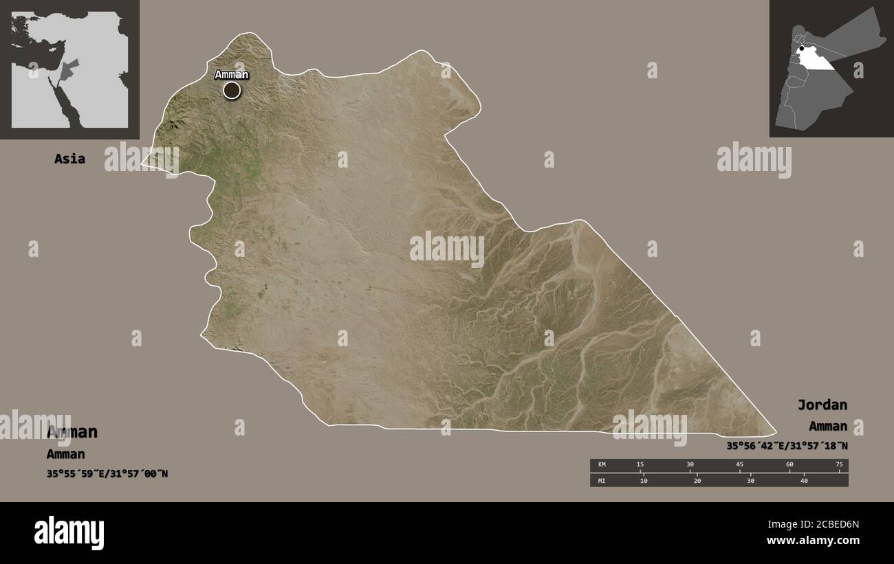 Shape of Amman, province of Jordan, and its capital. Distance scale ...