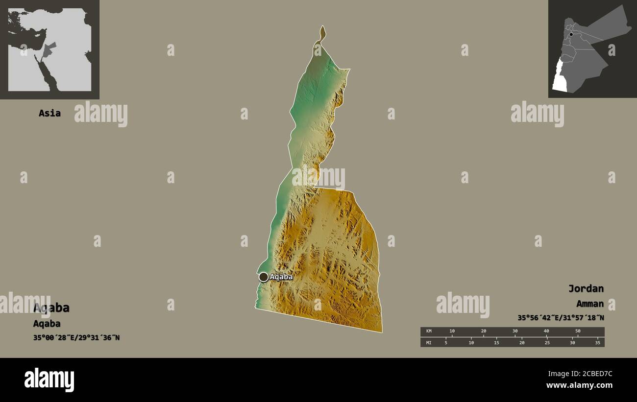 Shape of Aqaba, province of Jordan, and its capital. Distance scale ...
