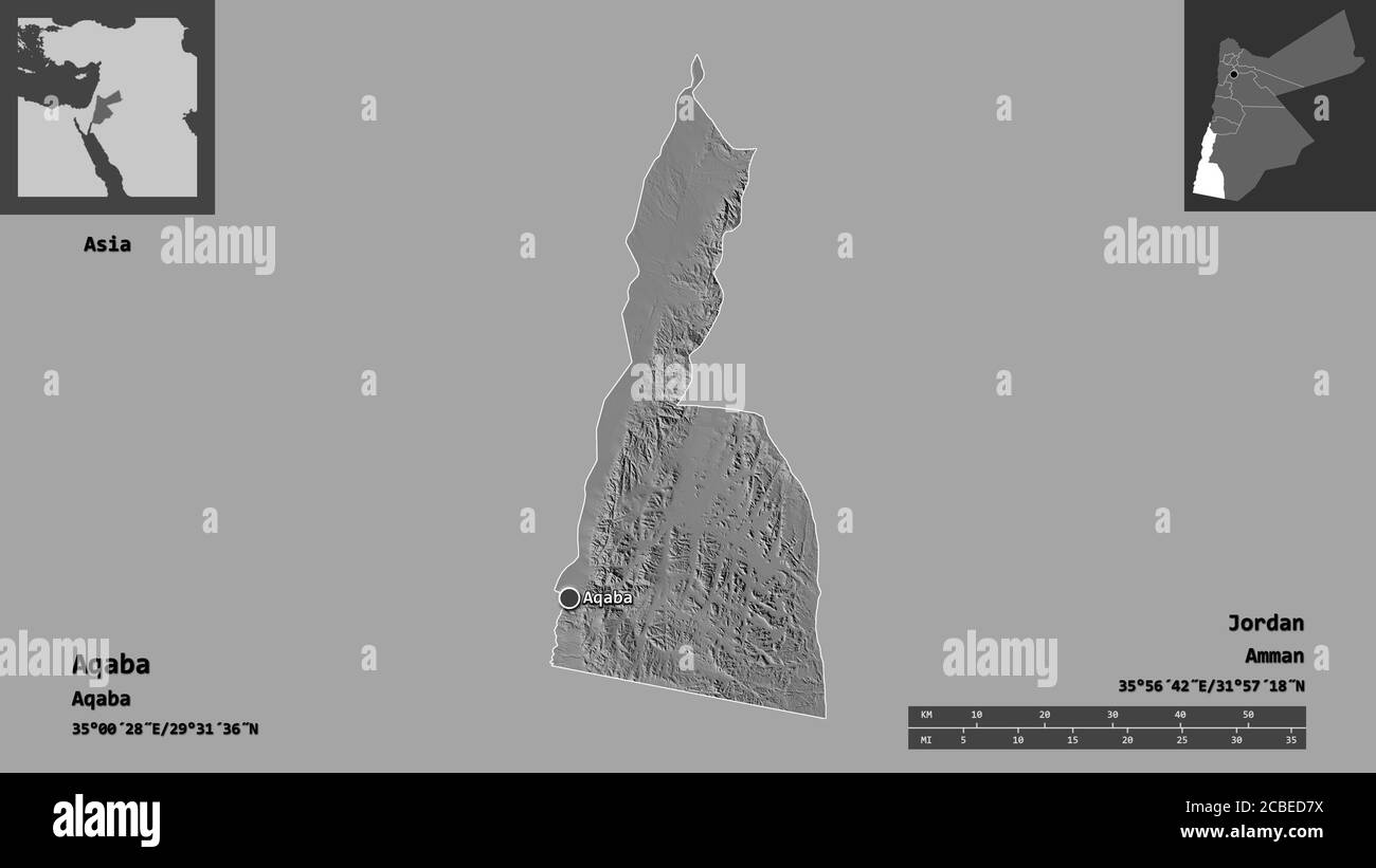 Shape of Aqaba, province of Jordan, and its capital. Distance scale ...