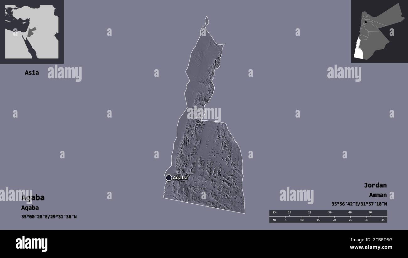 Shape of Aqaba, province of Jordan, and its capital. Distance scale ...